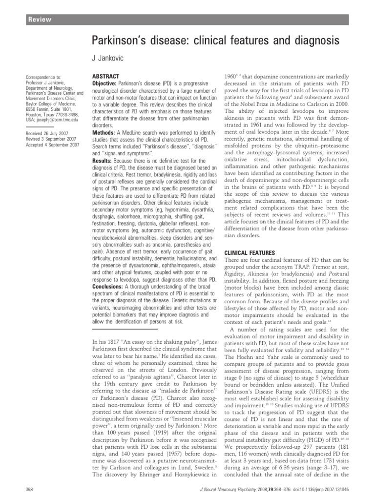 Jankovic-2008-Parkinson's disease_ clinical fe | PDF | Parkinson's ...