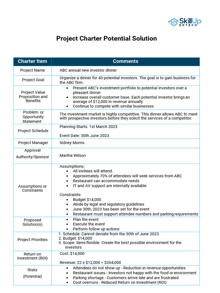 Potential Solution For Project Charter | PDF | Return On Investment ...