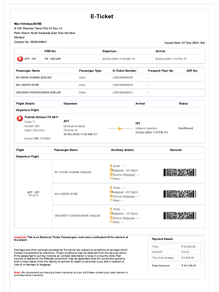 E-Ticket Turkish Airline AYT To IST 20dec 1140am | PDF
