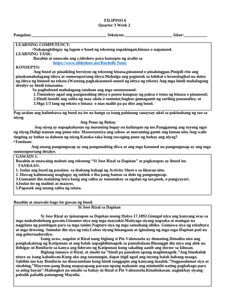 Filipino 6 Quarter 3 Activity Sheets Weeks 1 2 6 | PDF