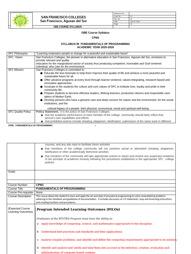 Btvted. Cpm1. Syllabus On Fundamentals of Programming | PDF | Thread ...