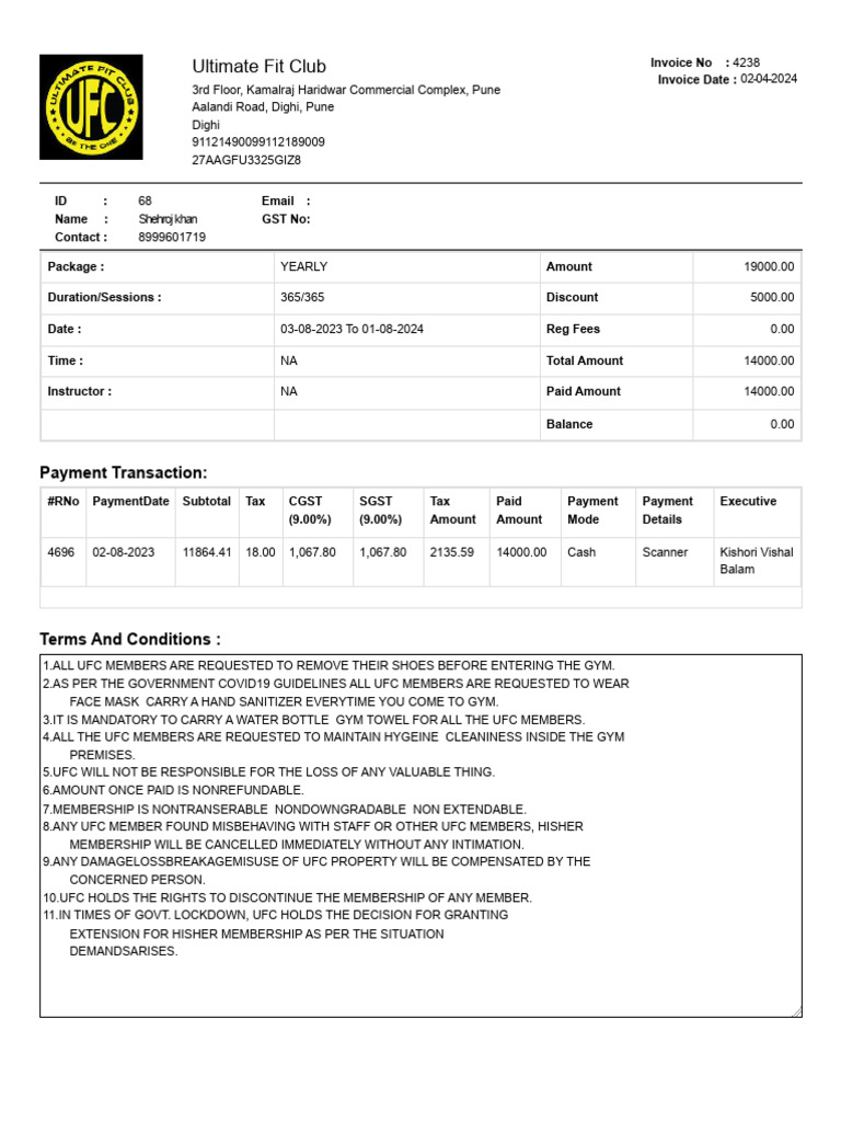 Shehroj_Gym_Bill | PDF | Payments