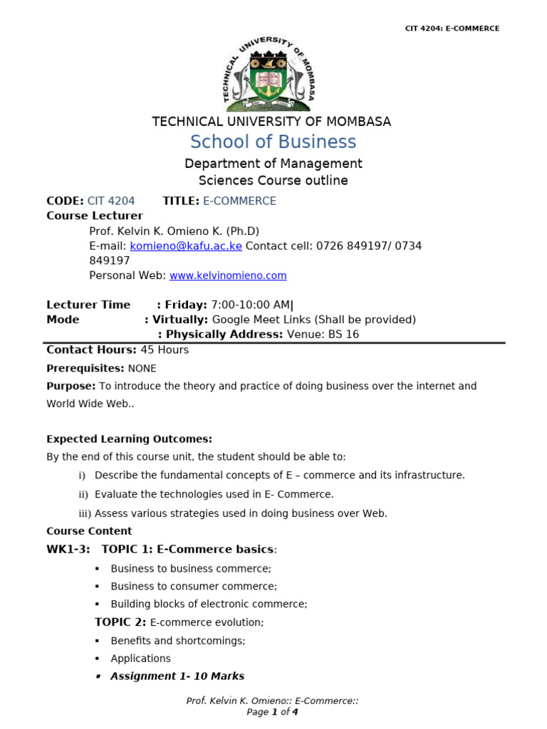CIT 4204_E-Commerce Course Ouline | PDF | E Commerce | Internet