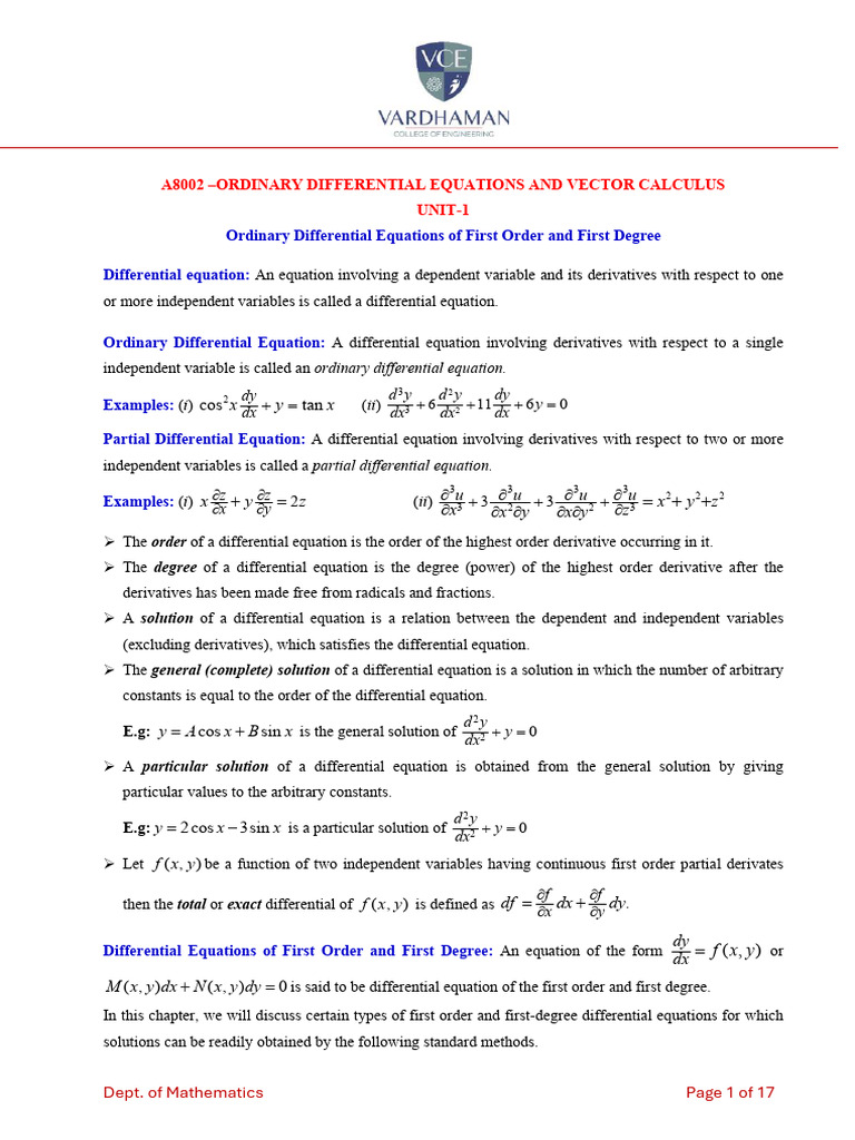 UNIT-1 (A8002) ODE&VC Handout | PDF | Derivative | Equations