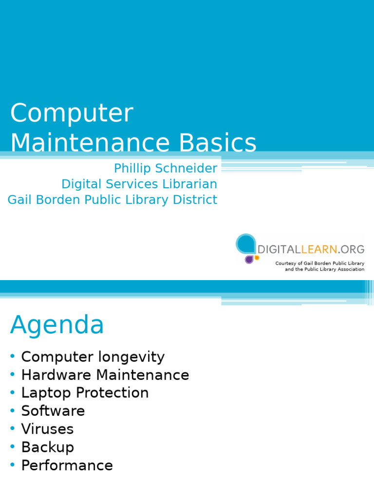 Presentation Computer Maintenance Basics | PDF | Computer Virus | Laptop