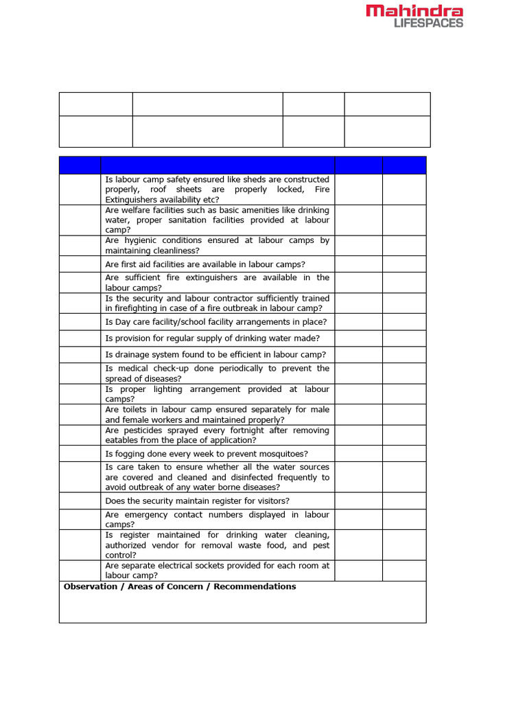 Checklist For Labour Camp | PDF