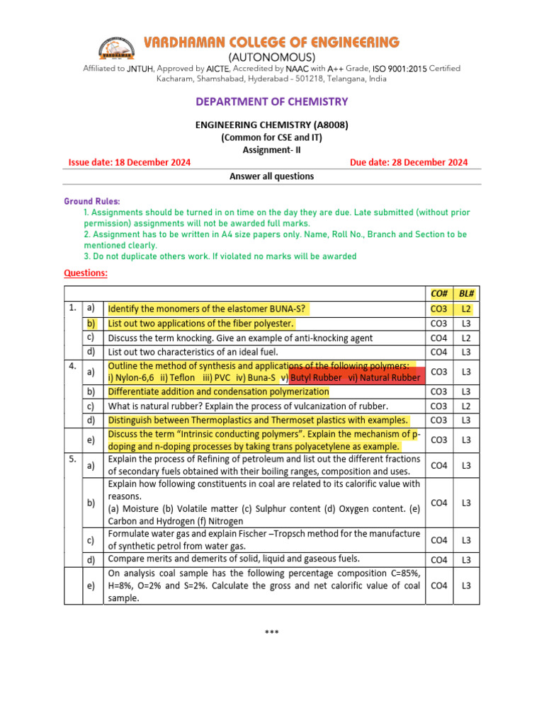 Engineering Chemsitry Assignment - II | PDF | Polymers | Natural Rubber