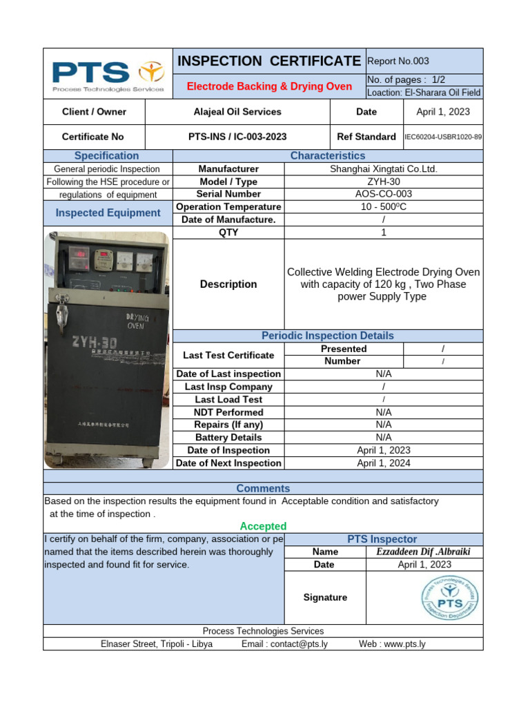 Electrode Oven Validation Certificate | PDF | Electricity