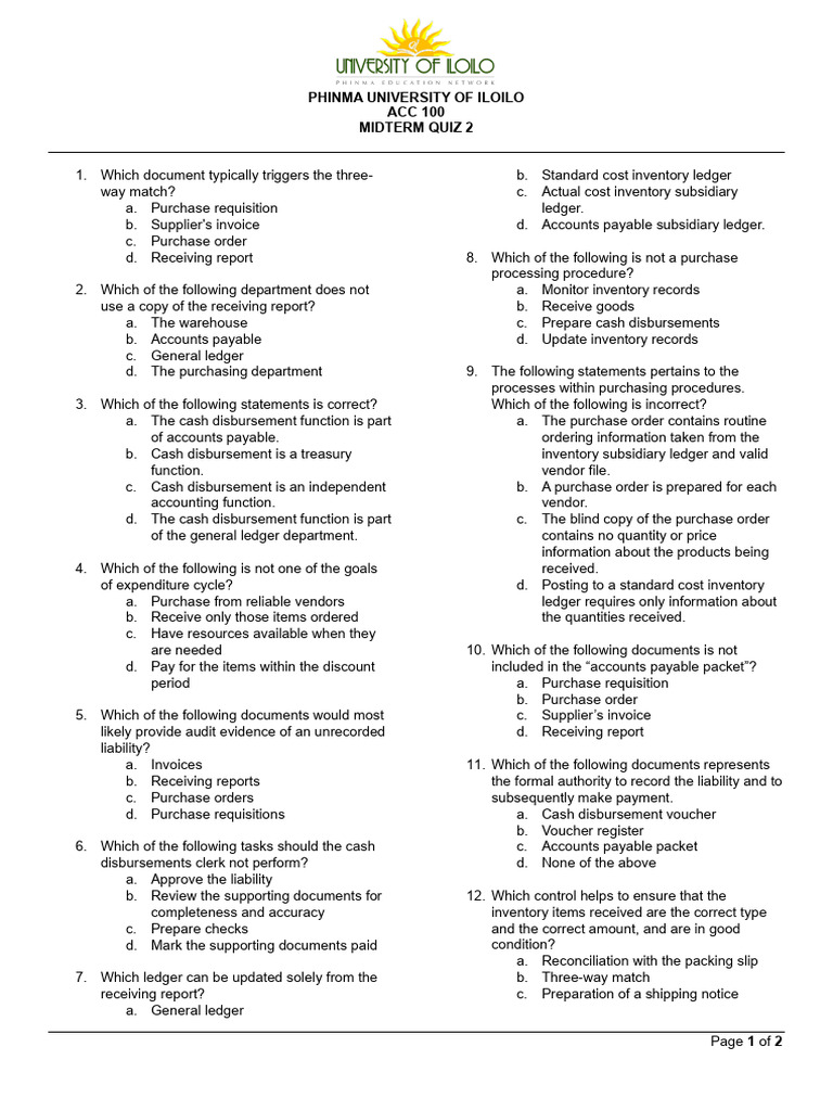 PHINMA Iloilo ACC 100 Midterm Quiz 2 | PDF | Accounts Payable | Receipt