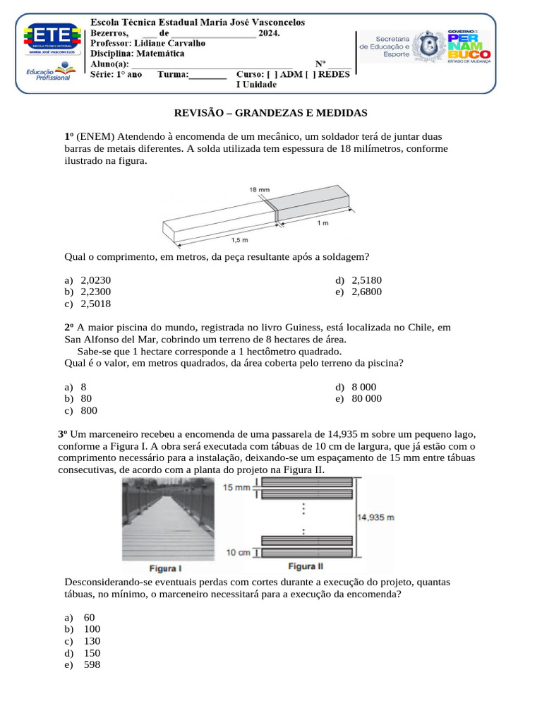 Grandezas E Medidas Questões Enem Pdf