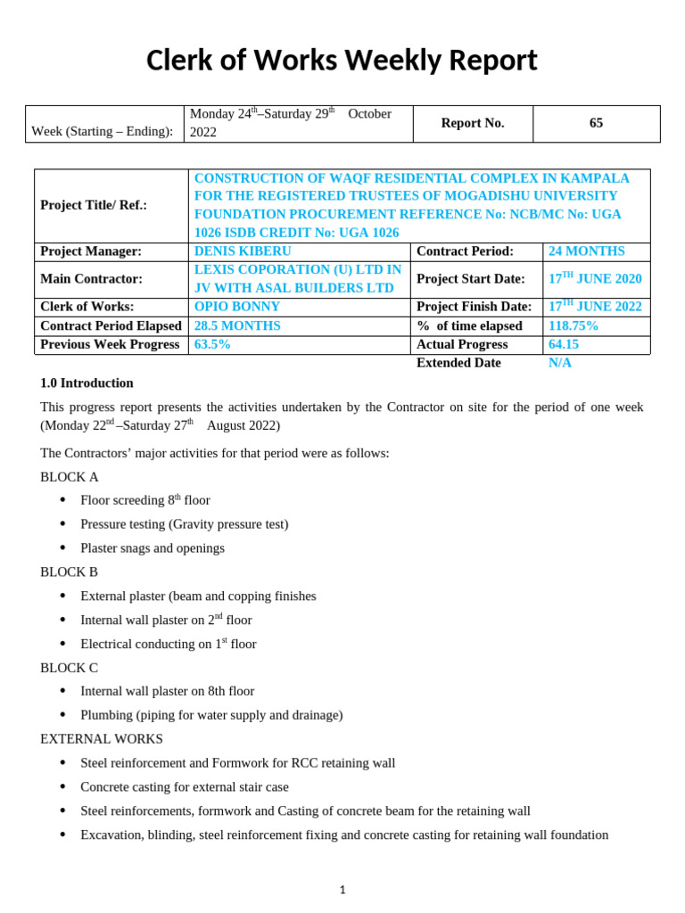 Weekly Clerk of Works Report: Waqf Complex | PDF | Concrete | Wall