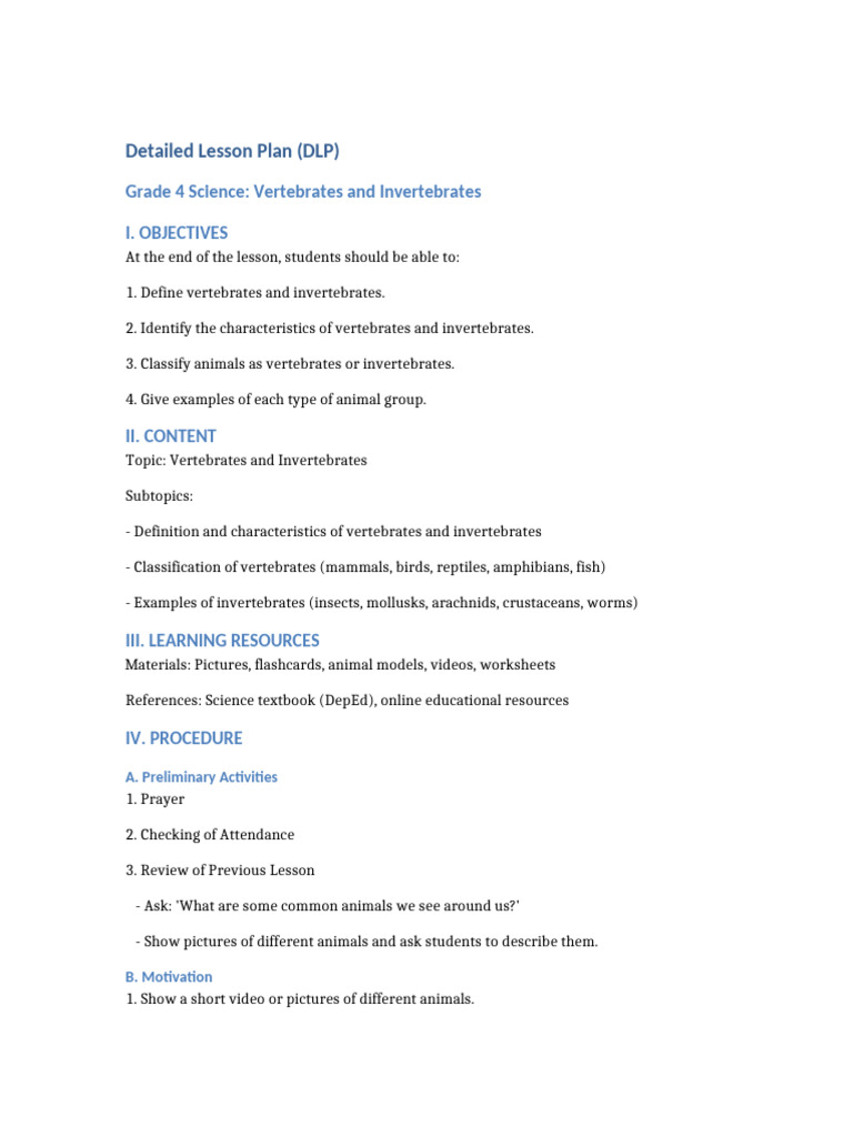 Lesson Plan Vertebrates Invertebrates | PDF