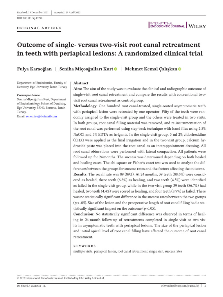 Int Endodontic J - 2022 - Karao Lan - Outcome of Single Versus Two Visit Root Canal Retreatment ...