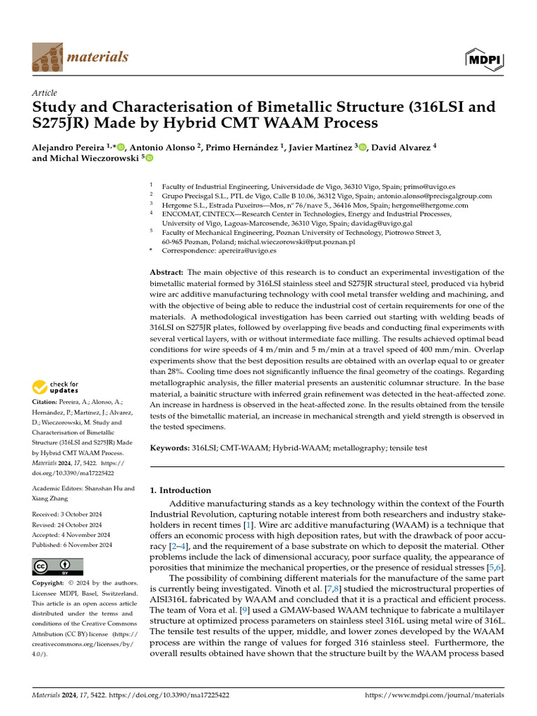 Study and Characterisation of Bimetallic Structure (316LSI and S275JR ...