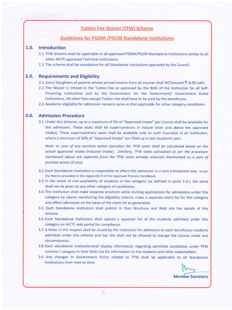 Tuition Fee Waiver Guidelines for PGDM | PDF