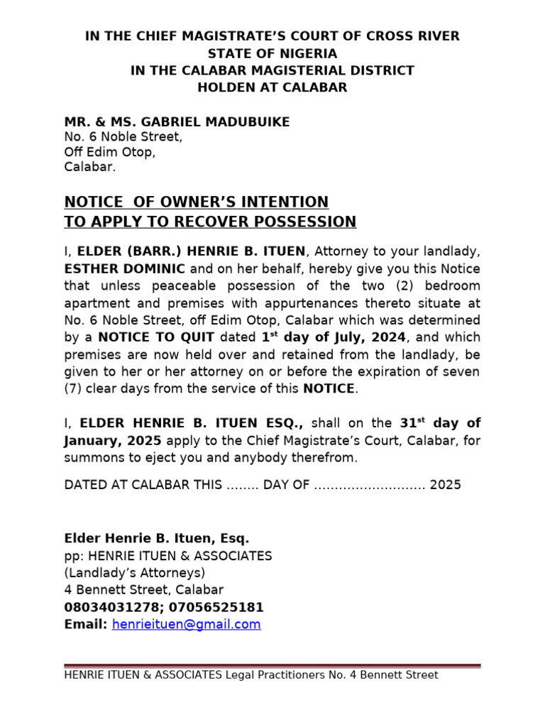 Notice of Owner's Intention to Recover | PDF | Eviction | Landlord