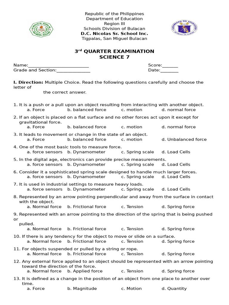 3RD Periodical Exam 2024-2025 | PDF | Force | Phase (Matter)