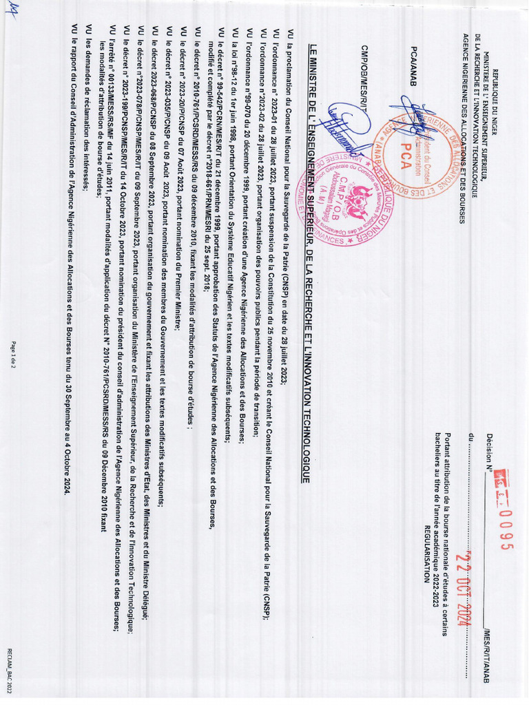 Décision N°0095-MESRIT-ANAB du 22 oct. 2024 (attribution bourse nationale 2022-2023 ...
