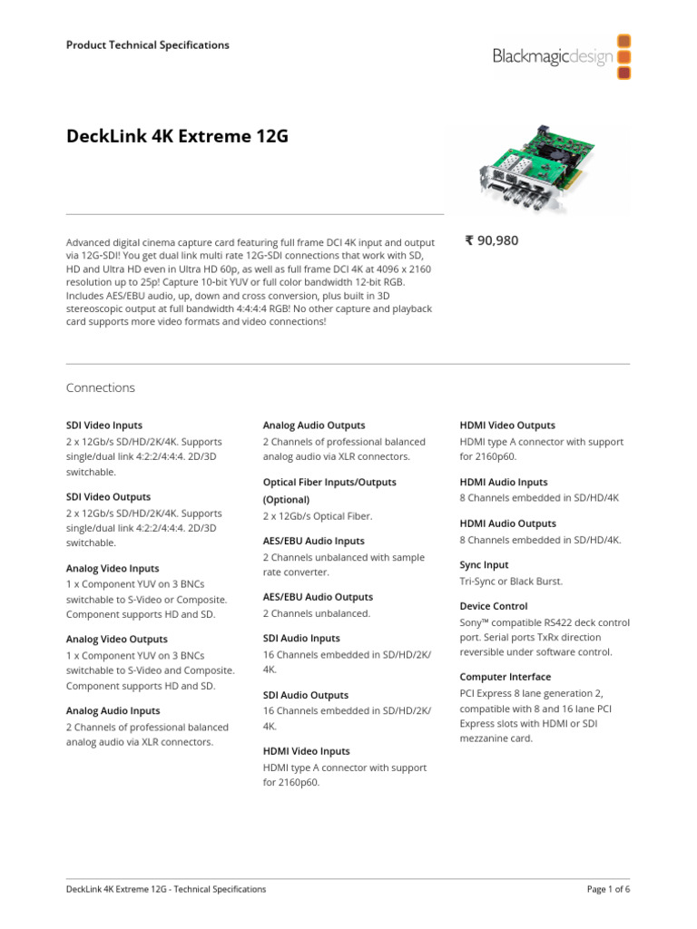 Decklink 4k Extreme 12g Techspecs | PDF | Hdmi | Video