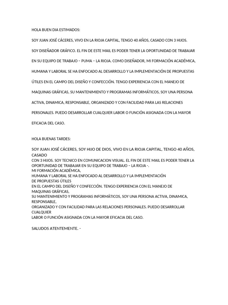 Nota Presentacion C.V. Juanjo | PDF