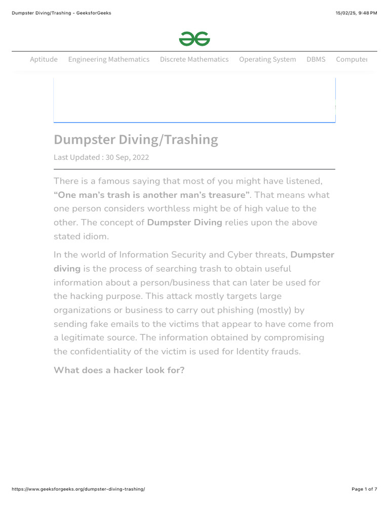 Dumpster Diving:Trashing - GeeksforGeeks | PDF | Security | Computer ...