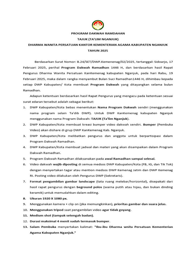 Juknis Dan Jadwal Tajuk DWP Kankemenag Nganjuk 2025 | PDF