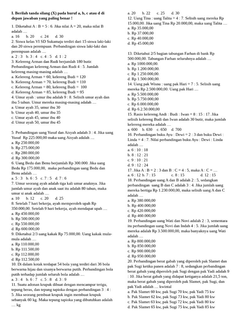 Soal Perbandingan Dan Rasio Untuk SD Kelas 6 | PDF