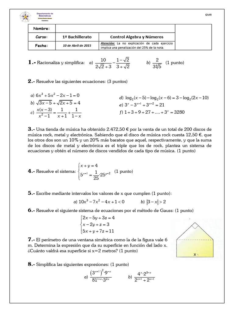 Control Algebra Numeros | PDF | Ecuaciones | Matemáticas