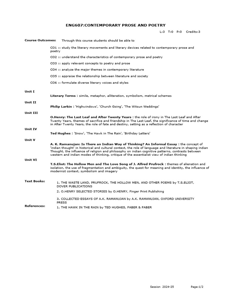 Eng607 Contemporary Prose and Poetry | PDF | Poetry | T. S. Eliot