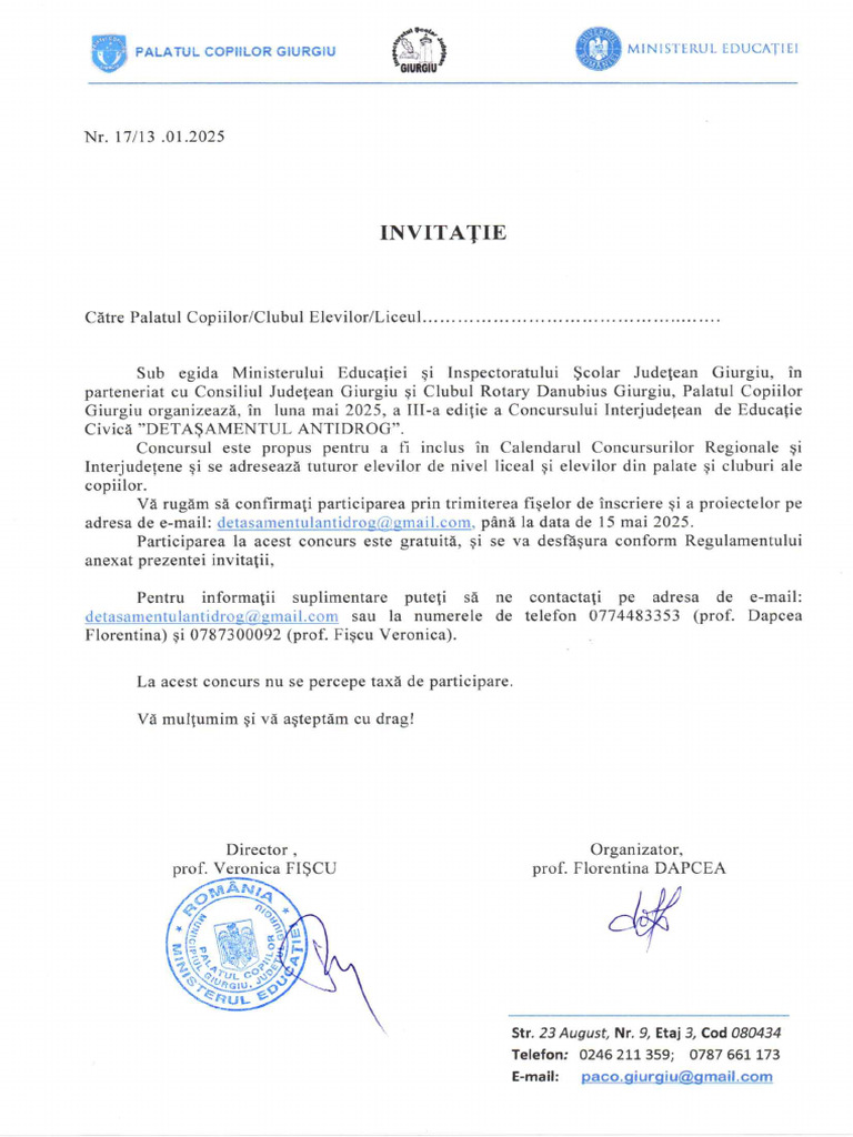 invitatie+regulament+fisa inscriere 2024-2025 | PDF