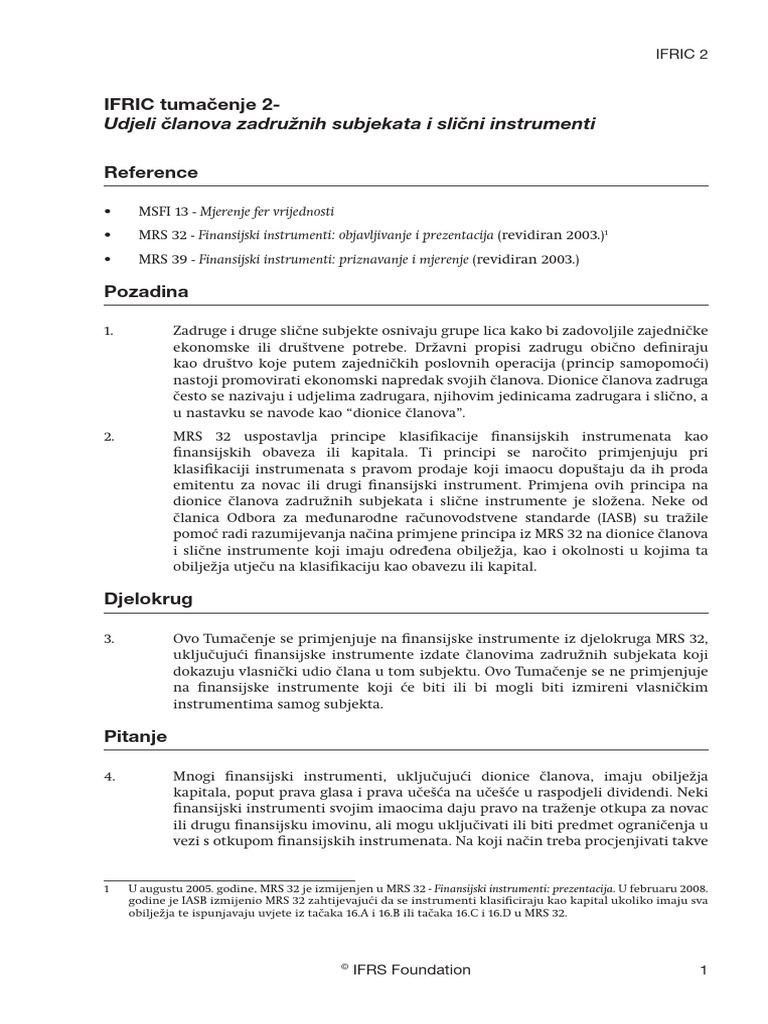 IFRIC Tumacenje 2 - Udjeli Clanova Zadruznih Subjekata I Slicni Instrumenti | PDF