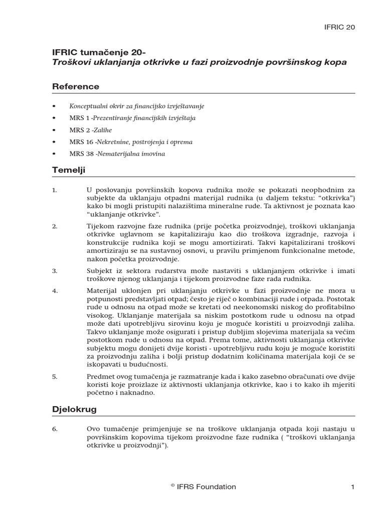 IFRIC tumacenje 20 - Troskovi uklanjanja otkrivke u fazi proizvodnje povrsinskog kopa | PDF