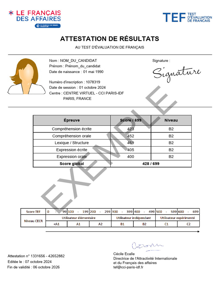 Attestation TEF B2 - Résultats et Exemples | PDF