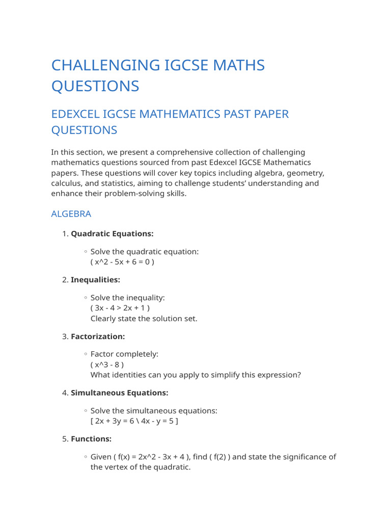Challenging Igcse Maths Questions Pdf Area Equations