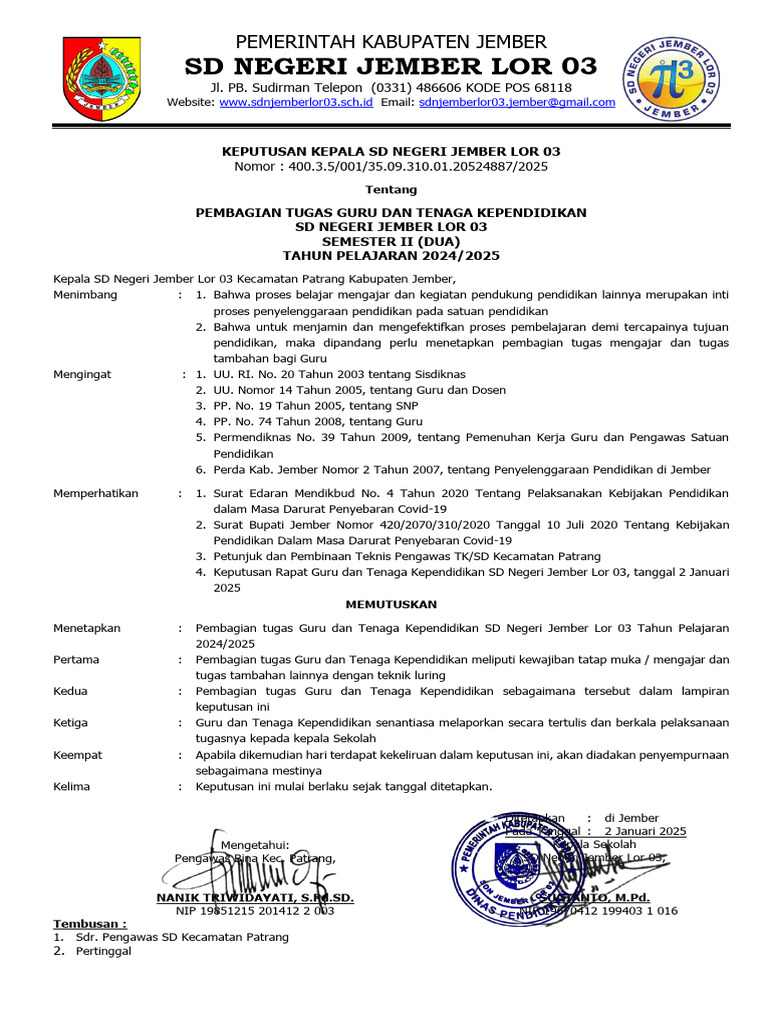 Sk Tugas Mengajar 24-25 - Smt 2 Sdn Jember Lor 03 | PDF