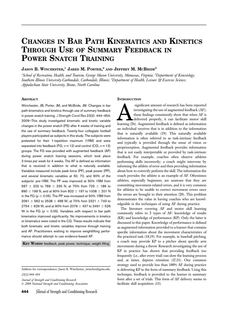 Changes in Bar Path Kinematics and Kinetics Through Use of Summary ...