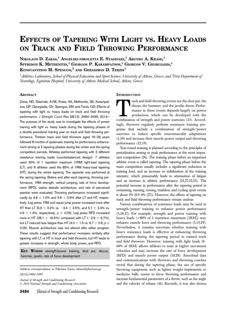 Effects of Tapering With Light vs Heavy Loads on Track and Field ...