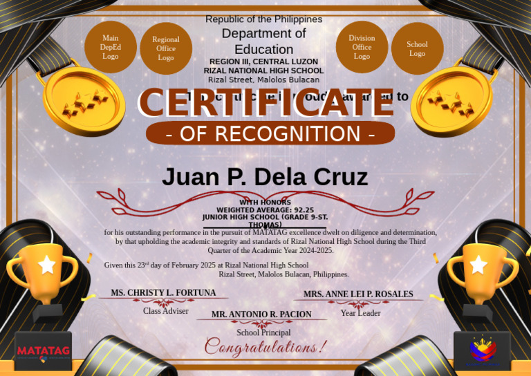 Third Quarter Recognition Day Certificate Template (A4 Size) | PDF