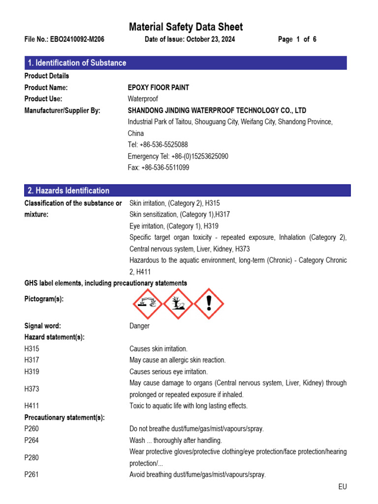 UN 3066 Epoxy Floor Paint MSDS | PDF | Occupational Safety And Health ...