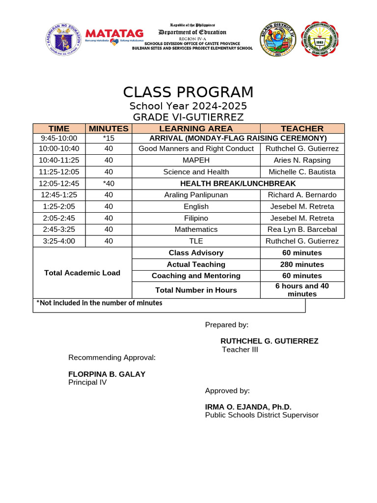 Grade VI-Gutierrez Class Schedule 2024-2025 | PDF