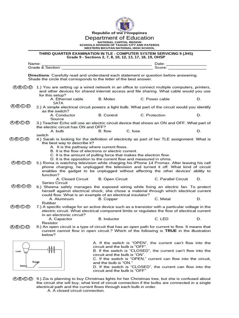 Grade 9 TLE Computer Servicing Exam | PDF | Resistor | Electrical Network
