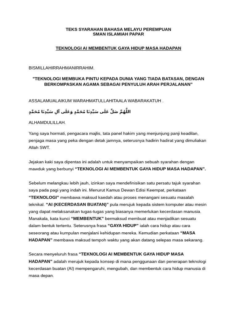 Teks Syarahan Bahasa Melayu (Perempuan) 2024 | PDF