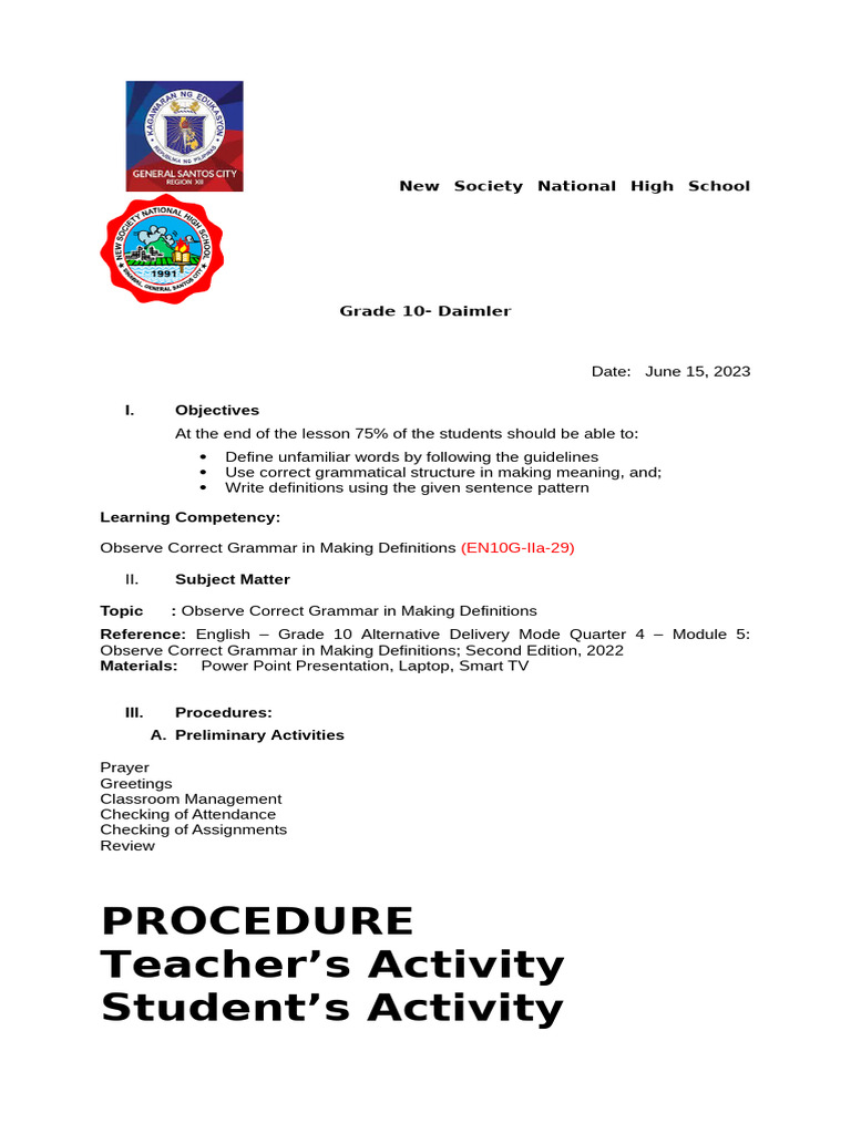 GRADE 10- JHS LP | PDF | Subject (Grammar) | Verb