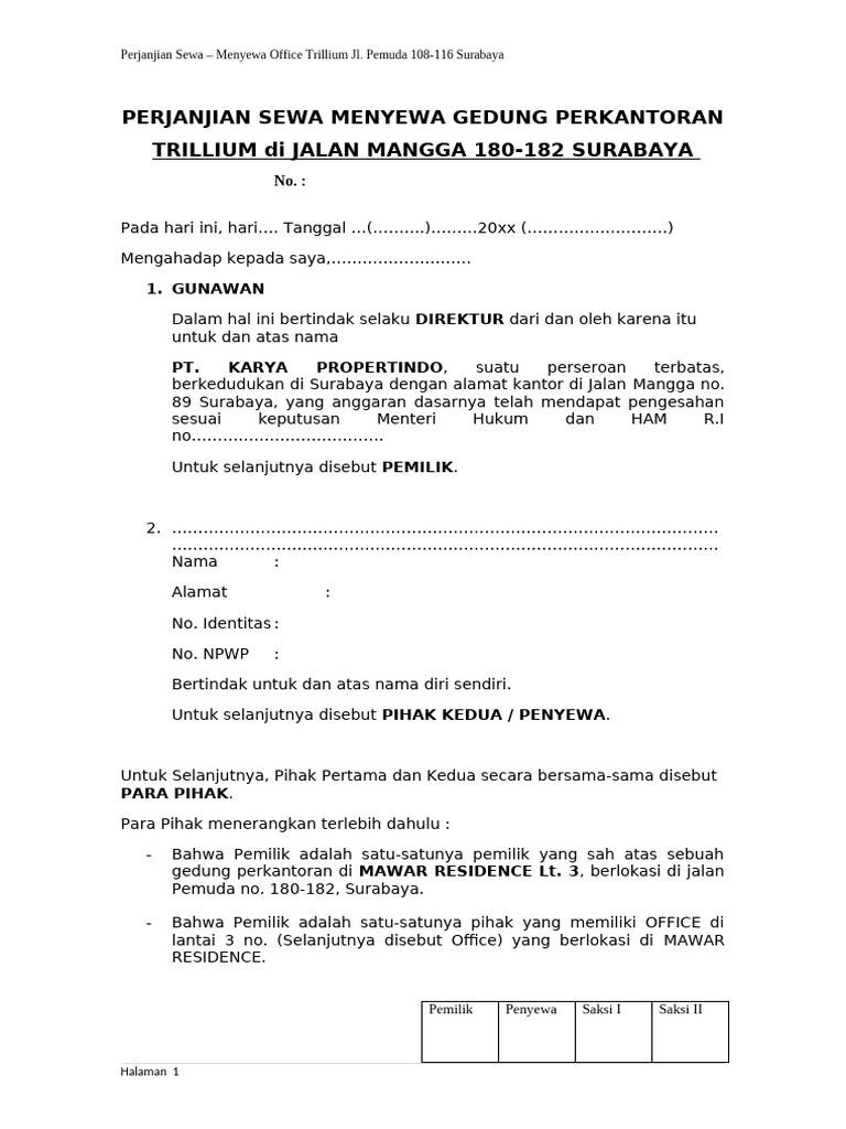 Perjanjian Sewa OFFICE Trillium.doc-P AGUS SOMANDANA | PDF