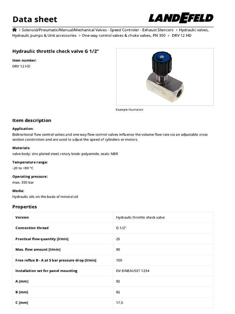 Data Sheet DRV 12 HD - Hydraulic Throttle Check Valve G 1 - 2 | PDF