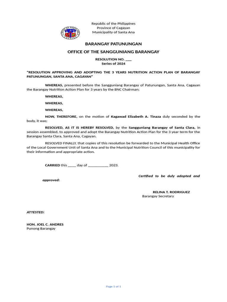 Barangay Reso approving the barangay nutrition action plan for the year 2023 | PDF