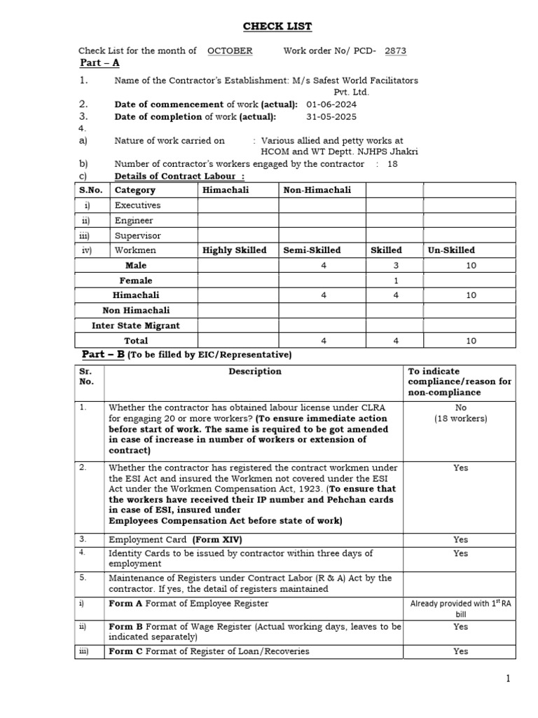 October Contractor Compliance Checklist | PDF | Employment | Wage