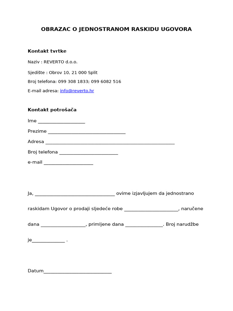 Obrazac Za Raskid Ugovora | PDF
