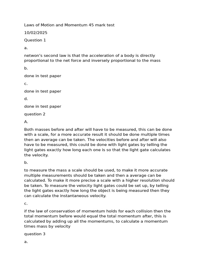 Laws of Motion and Momentum 45 Mark Test | PDF | Momentum | Newton's ...