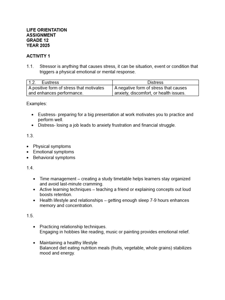 Life Orientation Grade 12 Stress Management | PDF | Stress (Biology ...